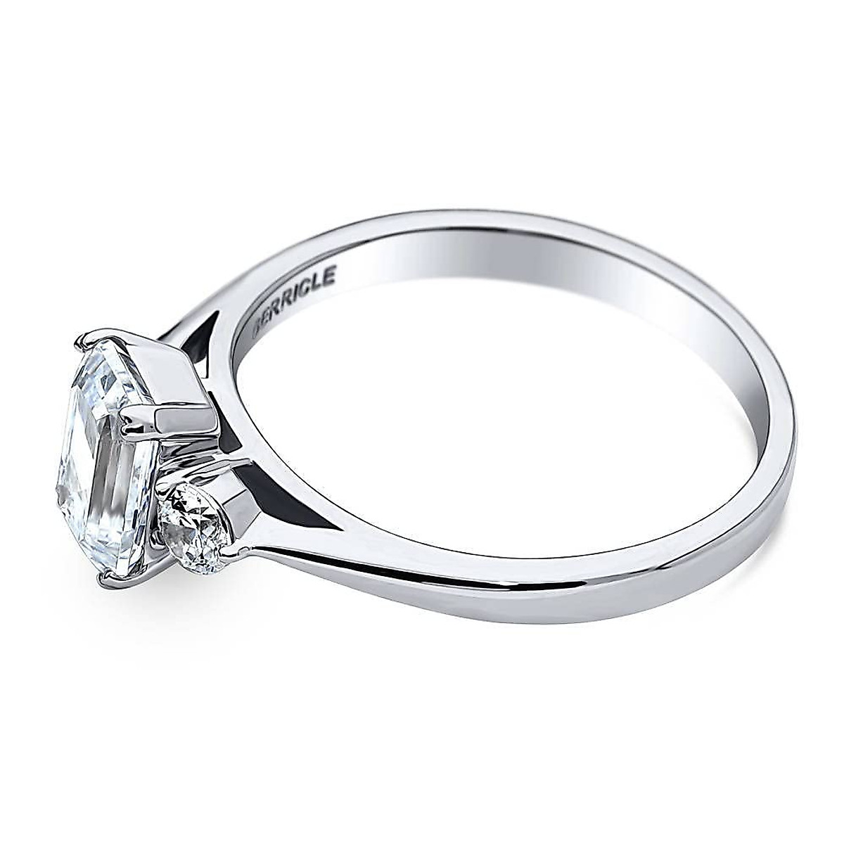 BERRICLE Sterling Silver 3-Stone Wedding Engagement Rings Emerald Cut Cubic Zirconia CZ Anniversary Promise Ring for Women, Rhodium Plated Size 4