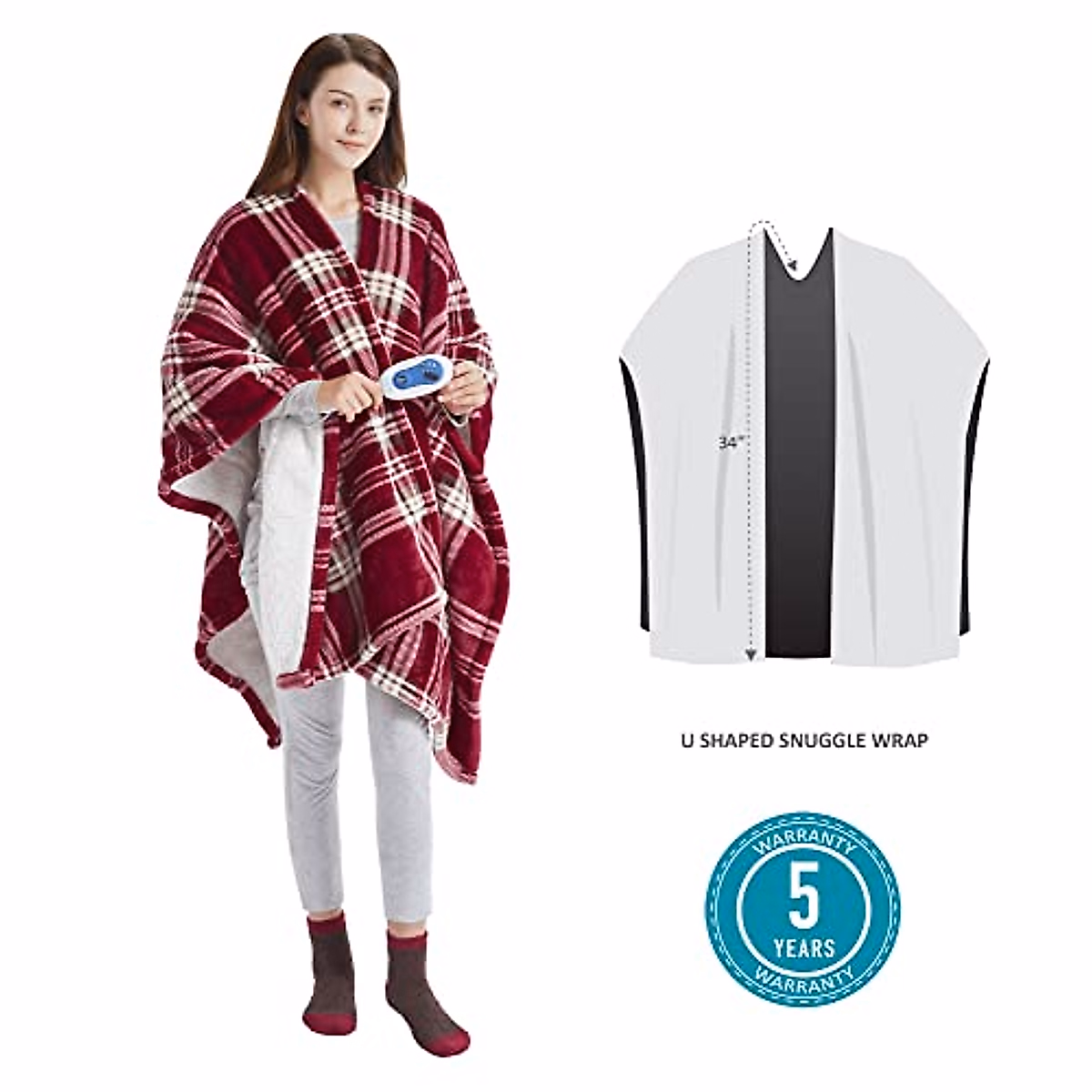Comfort Spaces Plush to Sherpa Electric Blanket Shawl Shoulder, Neck Wrap with Matching Sock Set Giftable Ultra Soft, Warm, Snuggle Fleece-Reversible Heated Poncho Throw, 50" W x 64" L, red Plaid