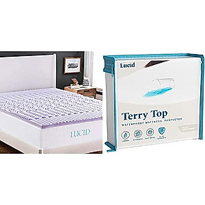 LUCID 2 Inch 5 Zone Lavender Memory Foam Mattress Topper - Queen & Protector, Queen, White