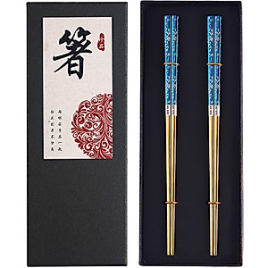 Metal Chopsticks Titanium Plated Stainless Steel Chopsticks Reusable Dishwasher safe Japanese Korean Chopstick lightweight Anti-slip Chop sticks 2 Pairs Blue Gold and 2 Pairs Black Gold Bundle Set