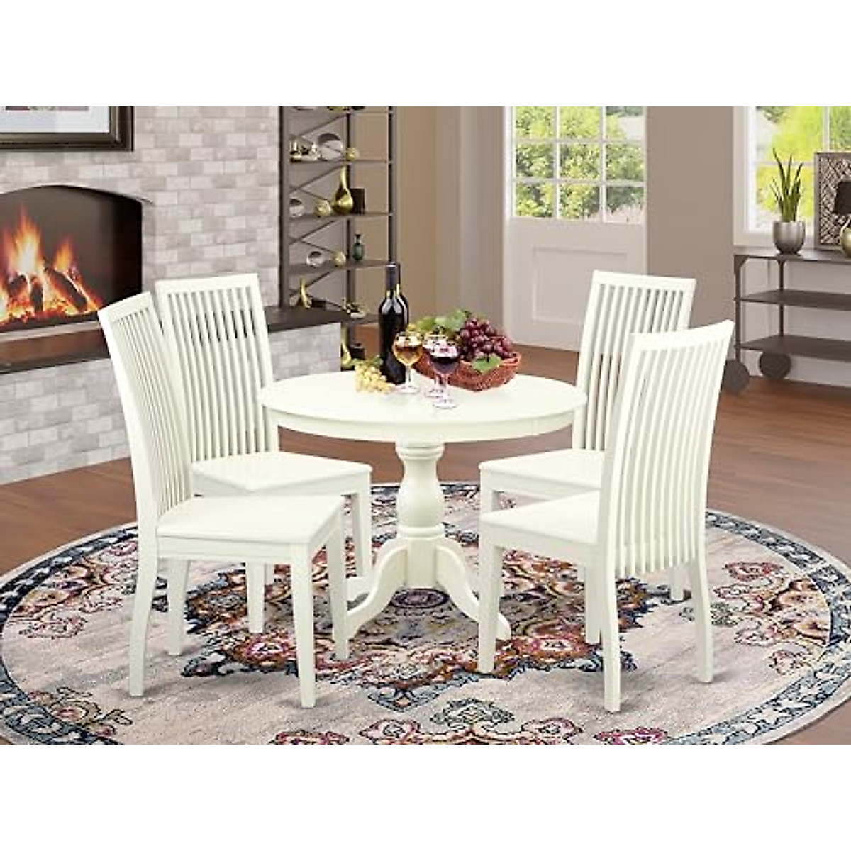 East West Furniture HBIP5-LWH-W 5 Piece Dining Room Table Set Includes a Round Dining Table with Pedestal and 4 Wood Seat Chairs, 42x42 Inch, Linen White