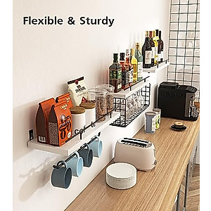Mefirt Floating Shelves, 3+2 Tier Bathroom Shelves with Paper Towel Holder & Towel Bar, Wood Wall Décor Shelves Over Toilet with Wire Storage Basket & Guardrail, Farmhouse Floating Shelf - White
