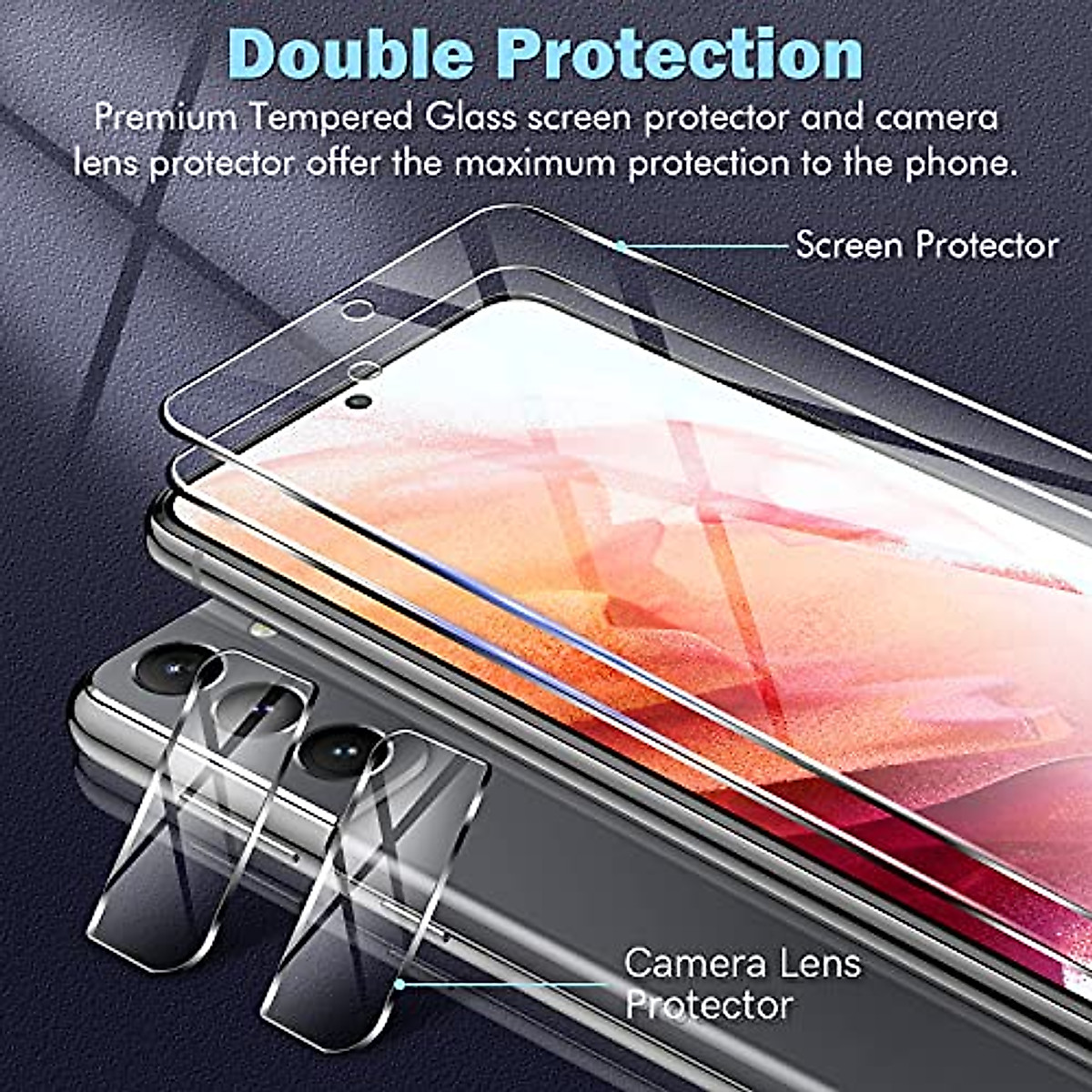 LK 2 Pack Screen Protector Compatible for Samsung Galaxy S21 & 2 Pack Lens Protector with Alignment Frame, [9H] Tempered Glass Screen Protector for Galaxy S21 5G, Scratch-Proof, 6.2-inch, Clear