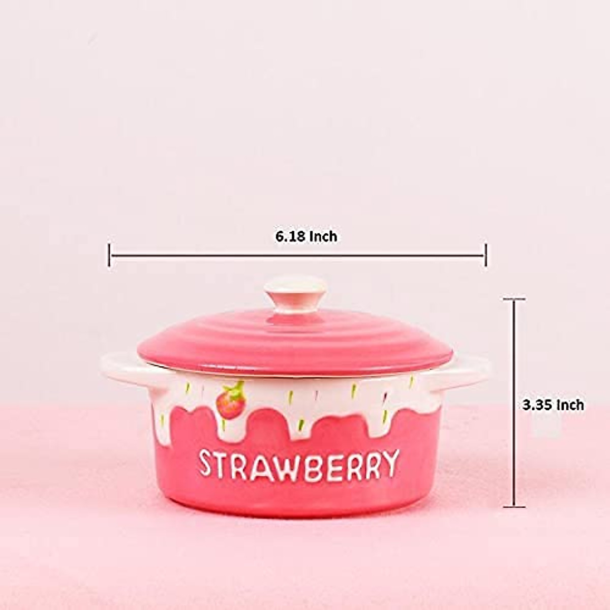 LELAKAYA Cute Strawberry Enameled Porcelain Bowl With Handle, Fruit Salad, Dessert, Rice, Cereal, Noodle, Breakfast Bowl WIth Lid, Household Tableware 6.18"X3.35"