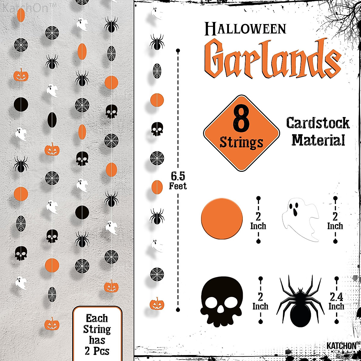KatchOn, Orange and Black Halloween Garland - 6.5 Feet, 8 String | Halloween Pumpkin Garland, Halloween Decorations | Skull Garland Halloween | Halloween Hanging Garland, Halloween Party Decorations
