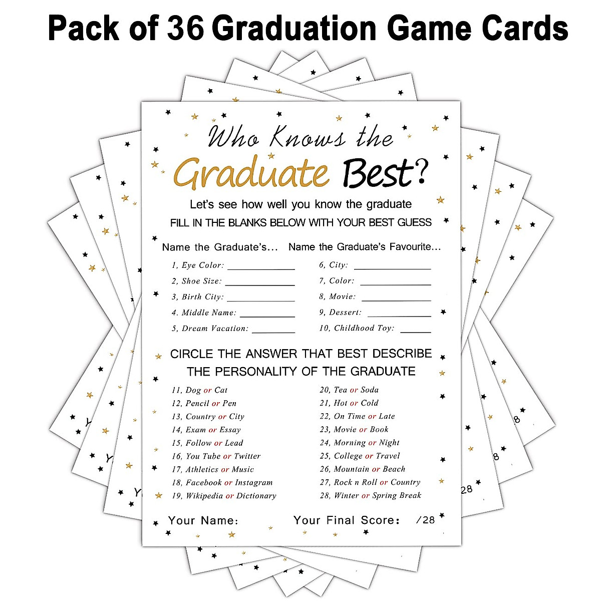 Fibevon Graduation Party Game Cards - Who Knows The Graduate Best (36-Pack)- Graduation Party Collection Grad Celebration Party Supplies for High School/College/Senior School