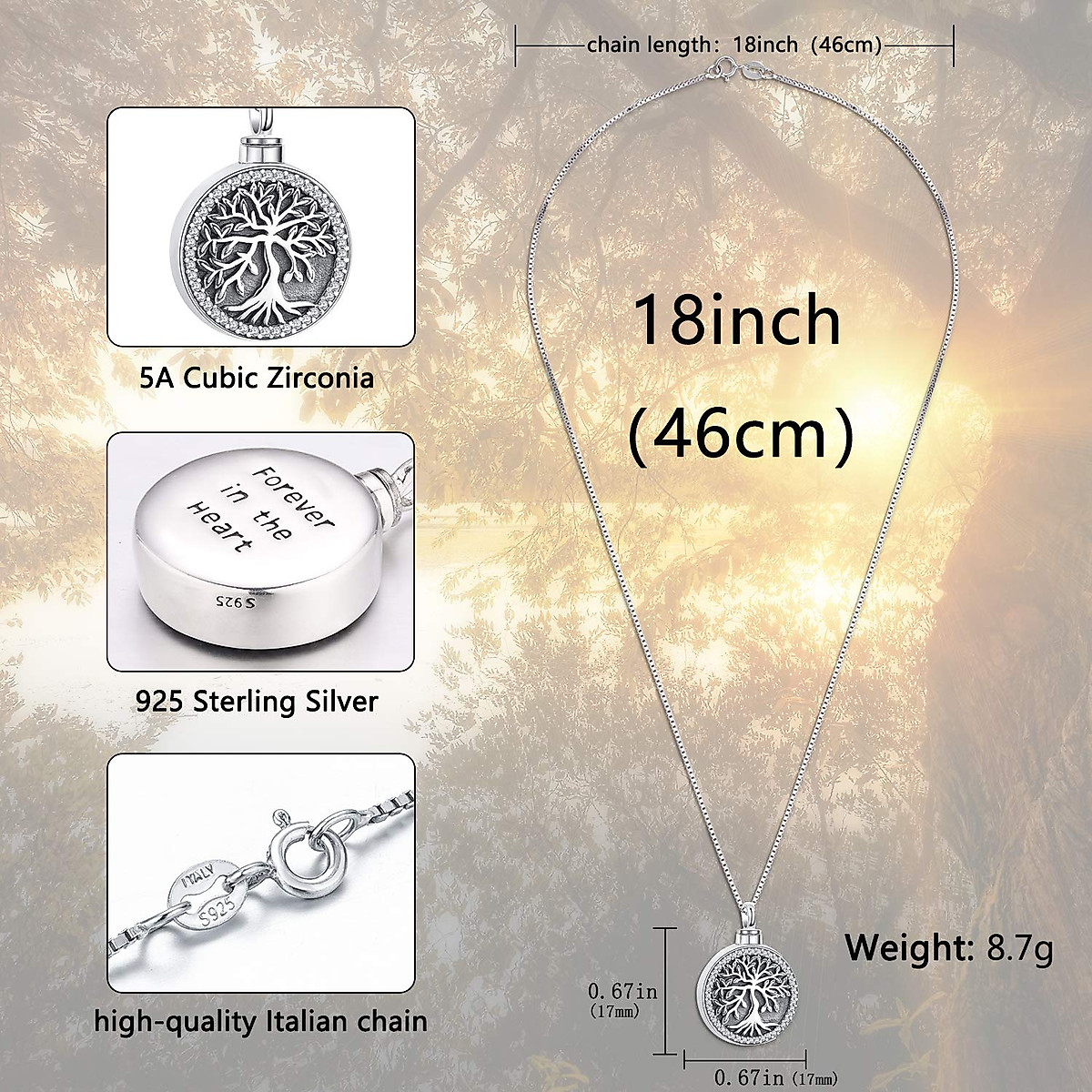 Aniu Cremation Jewelry for Ashes S925 Sterling Silver Urn Necklace Memorial Necklace for Human Ashes of Loved Ones Keepsake Pendant for Men Women (Tree of Life-G)