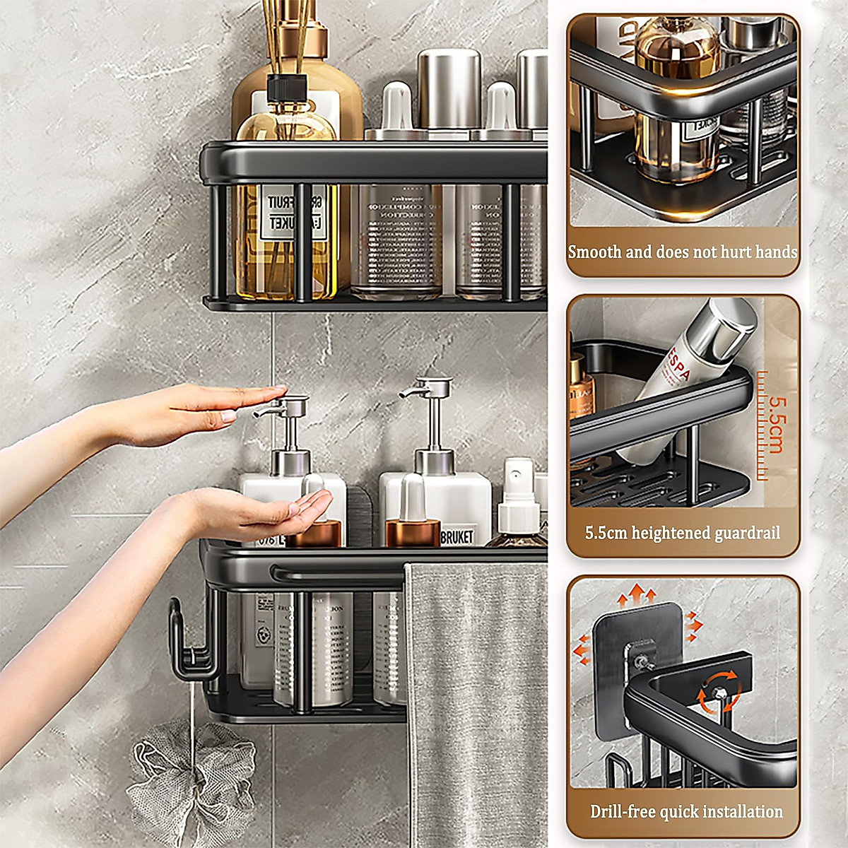 EVALAND Aluminum Shower Caddy, Adhesive Shower Shelves, 2-Pack With Hooks and Rod for Towels, No Drill Wall Mount Rustproof Premium Organizer for Bathroom, Kitchen, Black