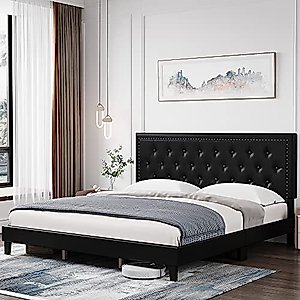 Homhougo Full Size Bed Frame with Adjustable Headboard, Upholstered Platform Bed with Button Tufted Faux Leather Headboard, Wood Slat Support, Noise-Free, No Box Spring Needed, Easy Assembly, Black