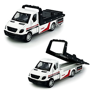 Flatbed Truck Toy Rescue Tow Truck Transport Trailer Car Carrier Metal Diecast Pull Back Vehicles 2 in 1 Vehicle Playset Toy Trucks for Boys Kids Toddlers Birthday Gifts for Age 3 4 5 6, White