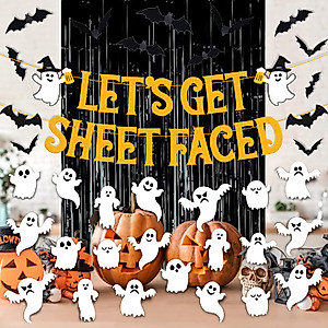 36 PCS Halloween Party Decorations Lets Get Sheet Faced Banner Black Foil Curtains Backdrop Bat Ghost Wall Decor Halloween Haunted House Witches Theme for Kids Boy Girl Halloween Party Supplies
