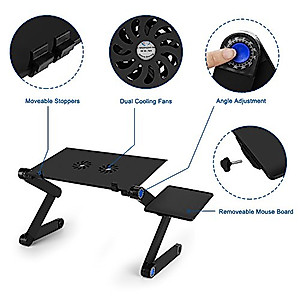 Laptop Table, Adjustable Laptop Bed Table, Laptop Computer Stand, Portable Laptop Workstation Notebook Stand Reading Holder with 2 CPU Cooling Fans and Mouse Pad in Bed Couch Sofa Office (New-version)