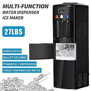 2-in-1 Water Cooler Dispenser with Built-in Ice Maker, Electric Hot Cold Water Cooler, 27LBS/24H Ice Maker Machine with Child Safety Lock (Black)