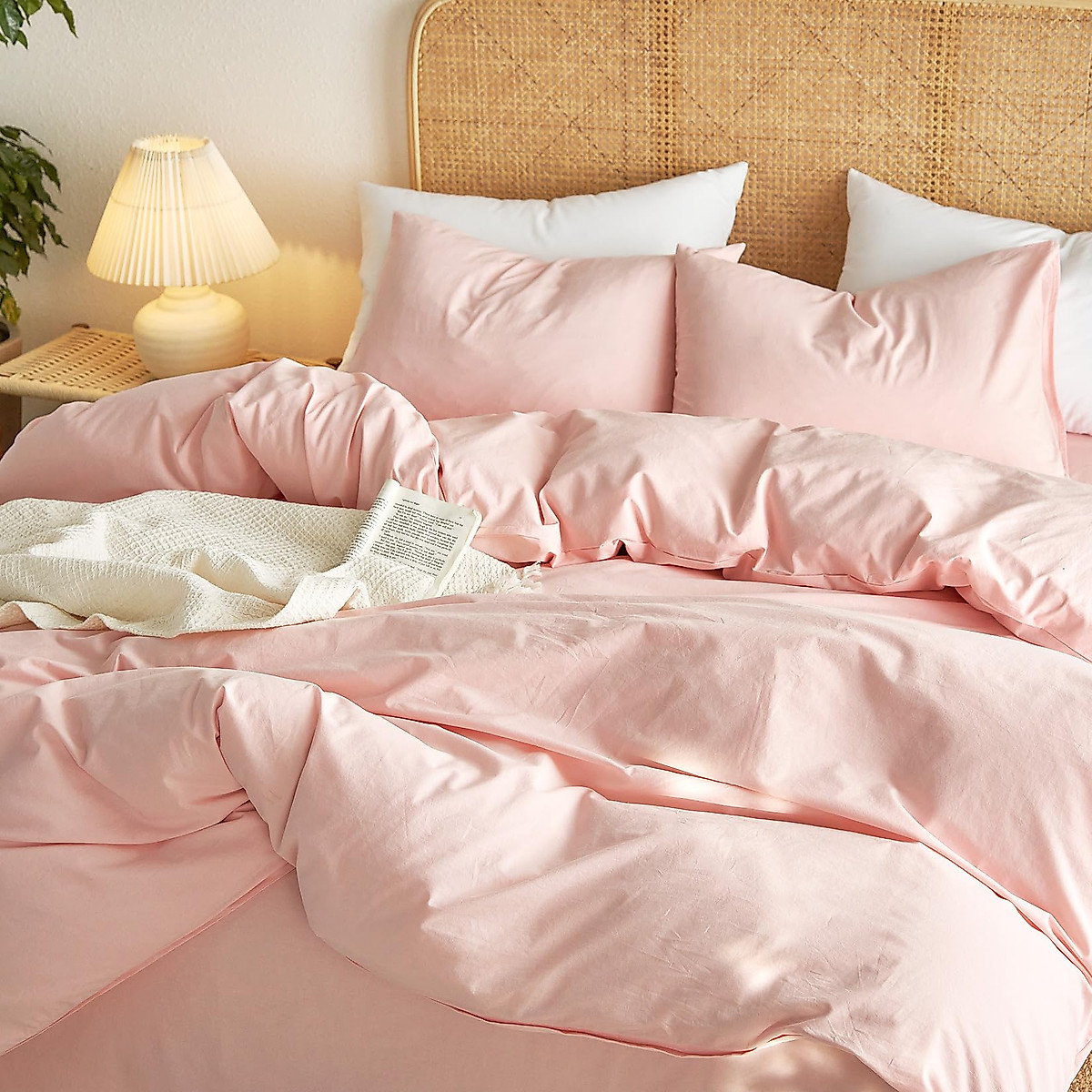 Wake In Cloud - Cotton Duvet Cover Set, Full Size, Light Blush Pink, 100% Washed Cotton, Linen Like Textured, Breathable Percale Durable Comfy Farmhouse Neutral Bedding Set, 3 Pieces