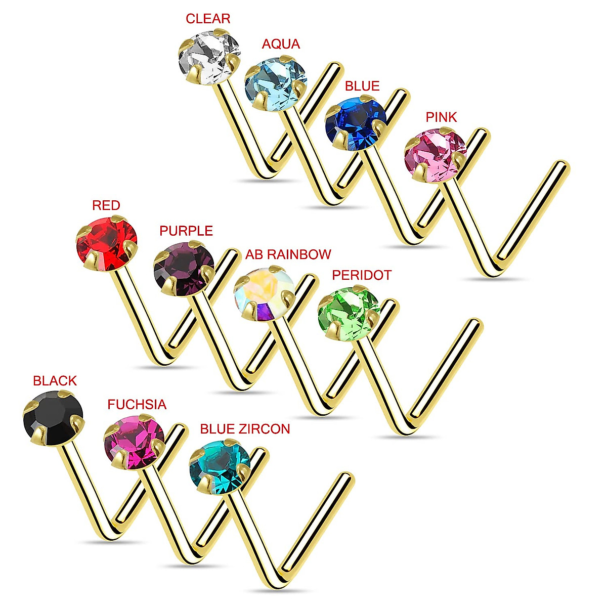 PiercingPoint 9K Solid Yellow Gold Claw Set 1.5MM Aquamarine Genuine Crystals Stone 22 Gauge L-Shape Nose Stud Jewelry
