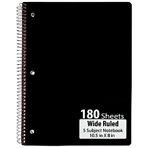 Emraw 5 Subject Notebook Spiral with 180 Sheets of Wide Ruled White Paper - Set Includes: Red, Black, Purple, & Blue Covers (Random 2-Pack)
