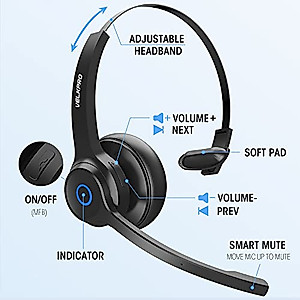 VELKPRO Wireless Headset with Microphone for PC, Truck Driver Bluetooth Headphones, Hands Free Single On Ear Headphone with Adjustable Headband, Communication Accessories for Office, Call Center Work