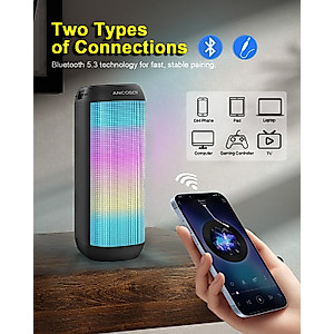 ANCOBER Wireless Bluetooth Portable Speaker 15W Stereo Sound with RGB LED Light Dynamic Modes, IPX4 Waterproof Bluetooth Speakers, BT5.3, TWS Surround Pairing, for Party Outdoor Camping Christmas