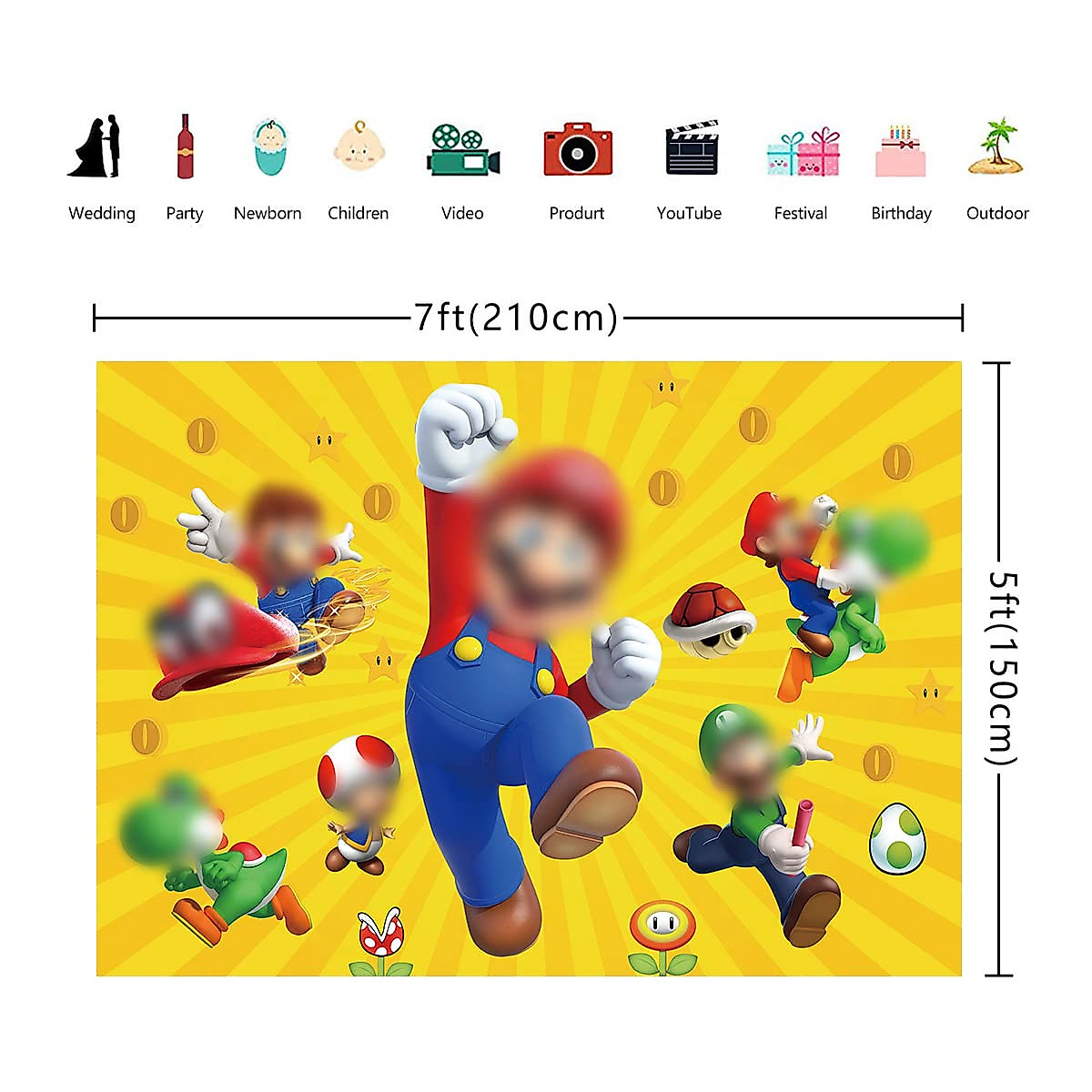 Super Brother Backdrop Cartoon Yellow Background Decoration Boy Gold Coin Video Game Adventure Kart Theme Party Super Bros Uncle Mushroom Birthday Banner Shooting Supplies (7x5FT(210x150cm))