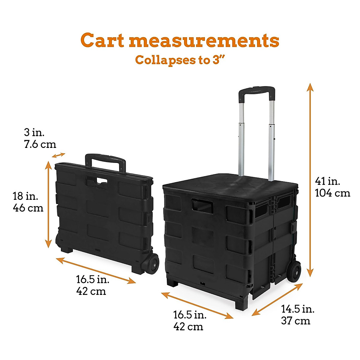 Inspired Living Collapsible Ultra-Slim Pack-N-Roll,2 Wheel Utility Cart w/Lid used as Seat up to 250 Lbs, Telescopic Handle - Super Strong, for Home, Garden, Shopping, Office, School use, Large, Black