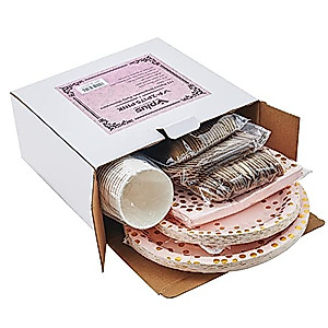 Pink and Gold Party Supplies – 175 Disposable Dinnerware Set Gold Dots on Pink Paper Plates Cups and Napkins, Gold Plastic Knives Spoons Forks for Baby Shower Wedding Party Bridal Shower