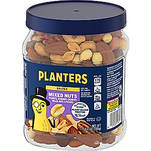 PLANTERS Mixed Nuts, Salted, 27 oz, Resealable Jar - Salted Nuts with Less than 50% Peanuts^ (*Nuts are Measured by Weight), Almonds, Cashews, Hazelnuts & Pecans - Kosher