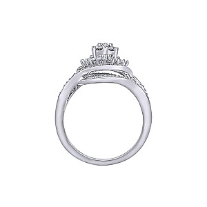 AFFY 1/2 CT Round/Baguette Natural Diamond Starburst Cluster Ring 14K White Gold Over Sterling Silver (I-J Color, I2-I3 Clarity, 0.50 Cttw) Ring Size-8