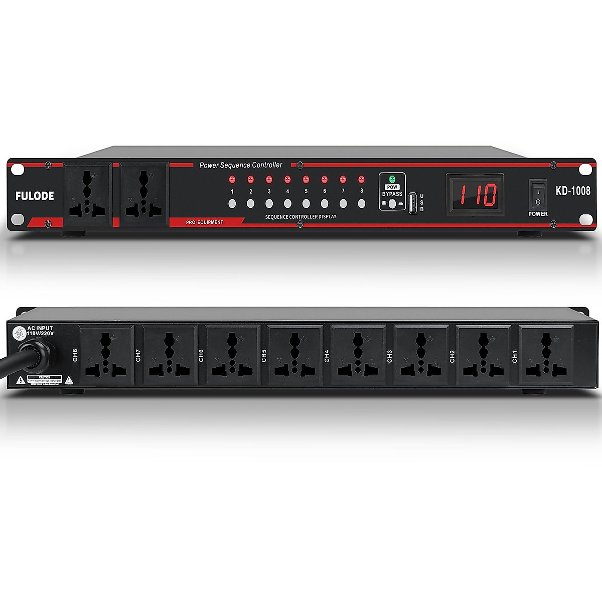 FULODE 10 Outlet Power conditioner -8 Independent Switch Rack power, Power conditioner rack mount Audio power conditioner Regulator w/Voltage Readout, With USB,Surge Protector (KD-1008)