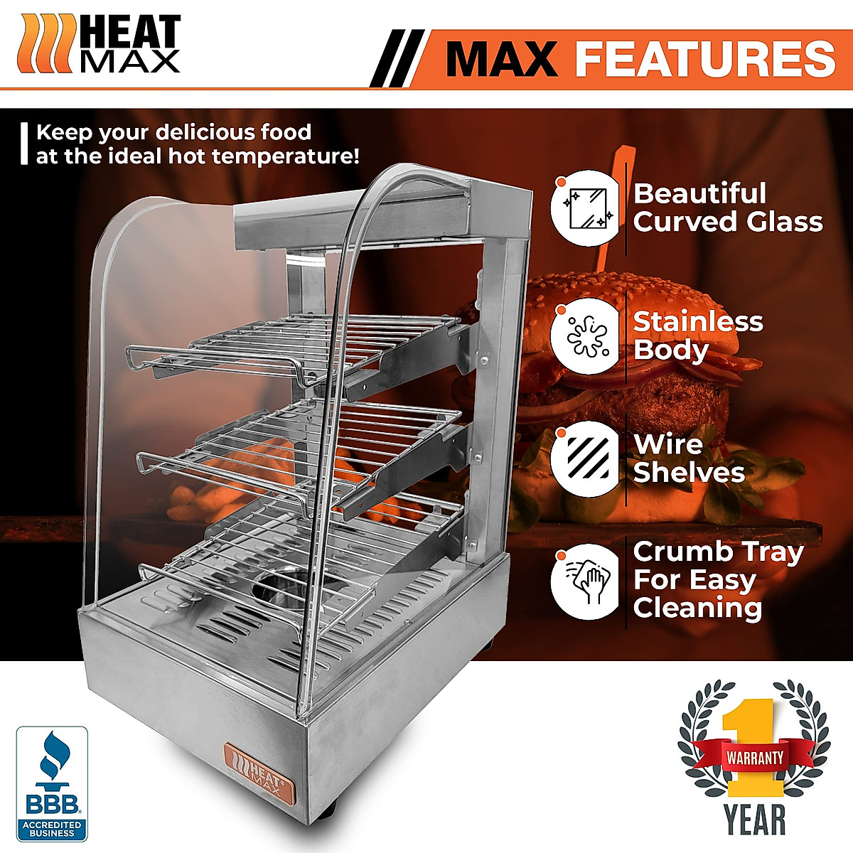 HeatMax 141823 Small Commercial Stainless and Curved Glass 14 Inch Wide Food Warmer Display Case for Pizza, Chicken, Burgers, Patties, Empanadas or Any Hot Food, Saves Counter Space, Great Visibility