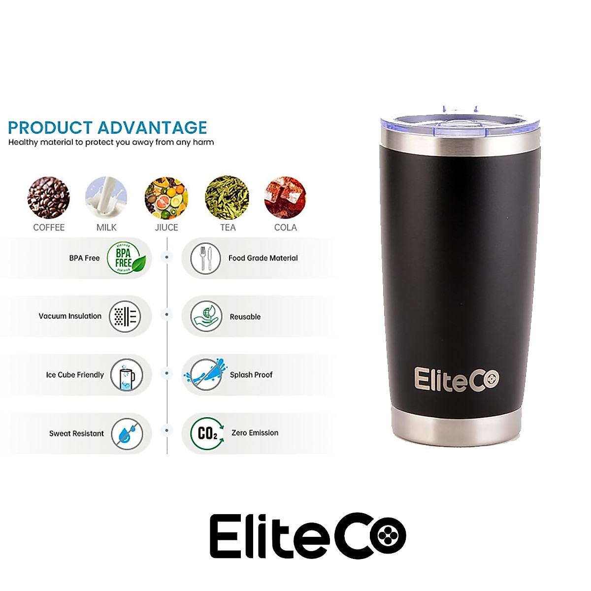 EliteCo 20oz Travel Mug | Insulated Coffee Mug | Stanley Cup BPA Free Lid Stainless Steel Tumbler