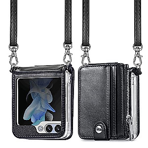 phone flip case 2 in 1 Detachable Wallet Case Compatible with Samsung Galaxy Z Flip 5 Case with Card Holder, Galaxy Z Flip 5 Case with Detachable Strap Crossbody Zipper Pocket Kickstand Compatible wit