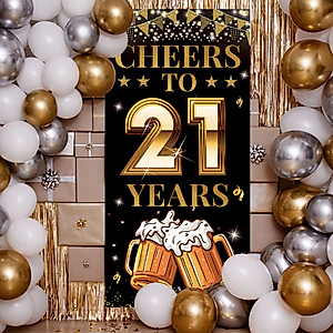 21st Birthday Decorations for Him Her, Cheers to 21 Years Birthday Door Banner, Black Gold 21st Birthday Yard Sign, 21 Birthday Party Backdrop Photo Props Poster for Outdoor Indoor, Fabric, Vicycaty