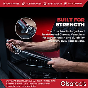 Olsa Tools Extendable Breaker Bar, 1/2-Inch Drive, 16" - 24" Length | Locking Extending Breaker Bar | 220 Degree Flex Head Cheater Bar | Great for Wheels, and Lug Nuts