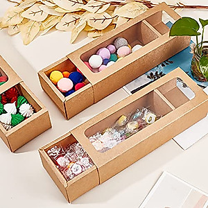 NBEADS 8 Pcs Kraft Paper Drawer Boxes, BurlyWood Festival Storage Box Kraft Paper Packaging Macaron Boxes with Clear Window Display for Jewelry Candy