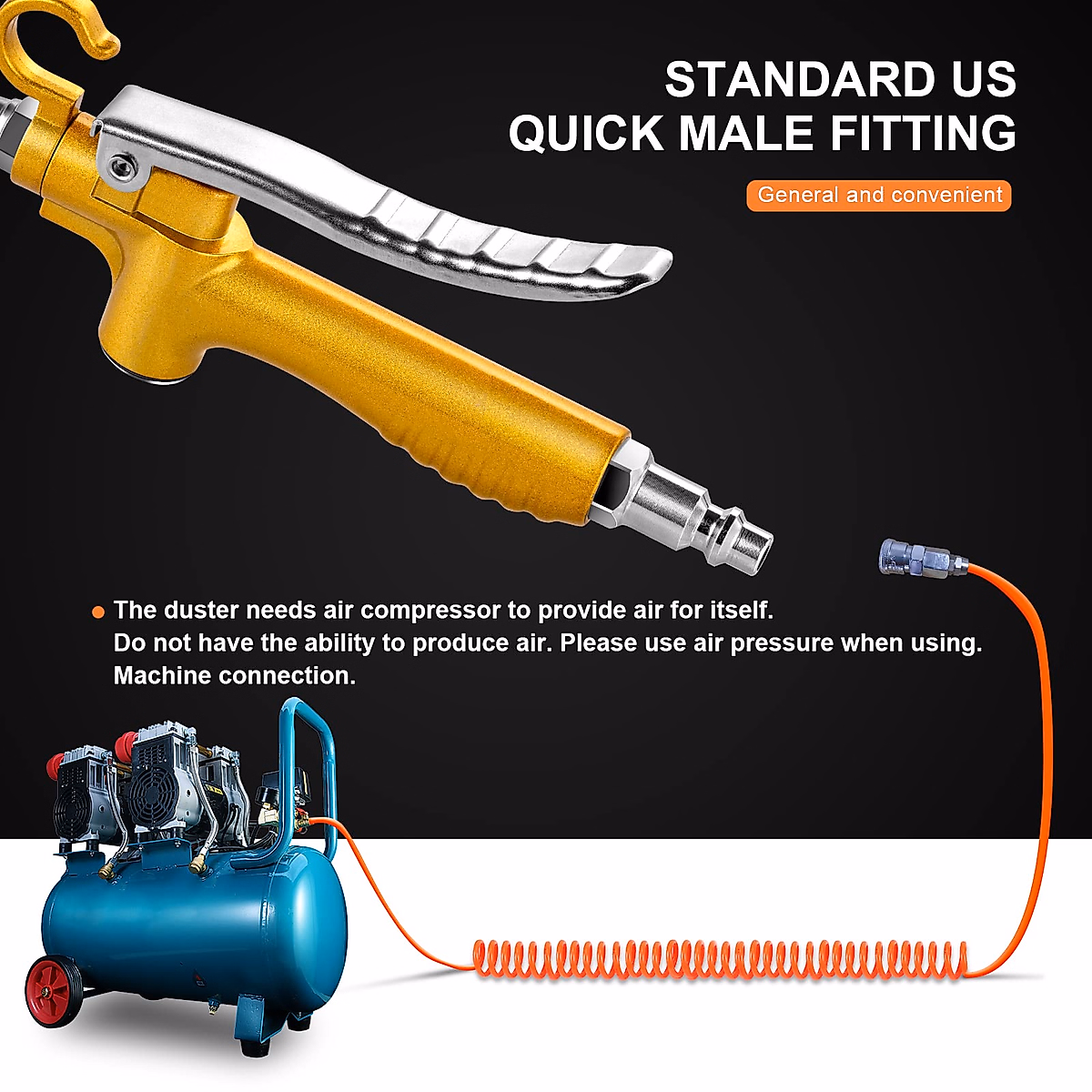 High Volume Industrial Air Blow Gun with Rubber Guard Air Flow Nozzle, Professional Gold Paint Metal Air Blower Gun, Pneumatic Dust Cleaning Tool for Air Compressor Accessories