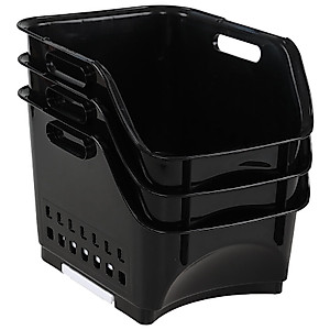 Ziglous 3 Packs Plastic Stacking Storage Baskets, Plastic Stackable Organizer Bins, Black