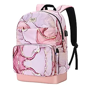 MOSISO 15.6-16 inch 20L Laptop Backpack for Women Girls, Polyester Anti-Theft Casual Daypack Bag with Luggage Strap&USB Charging Port, Travel Business College School Bookbag, Marble MO-MBH216, Pink