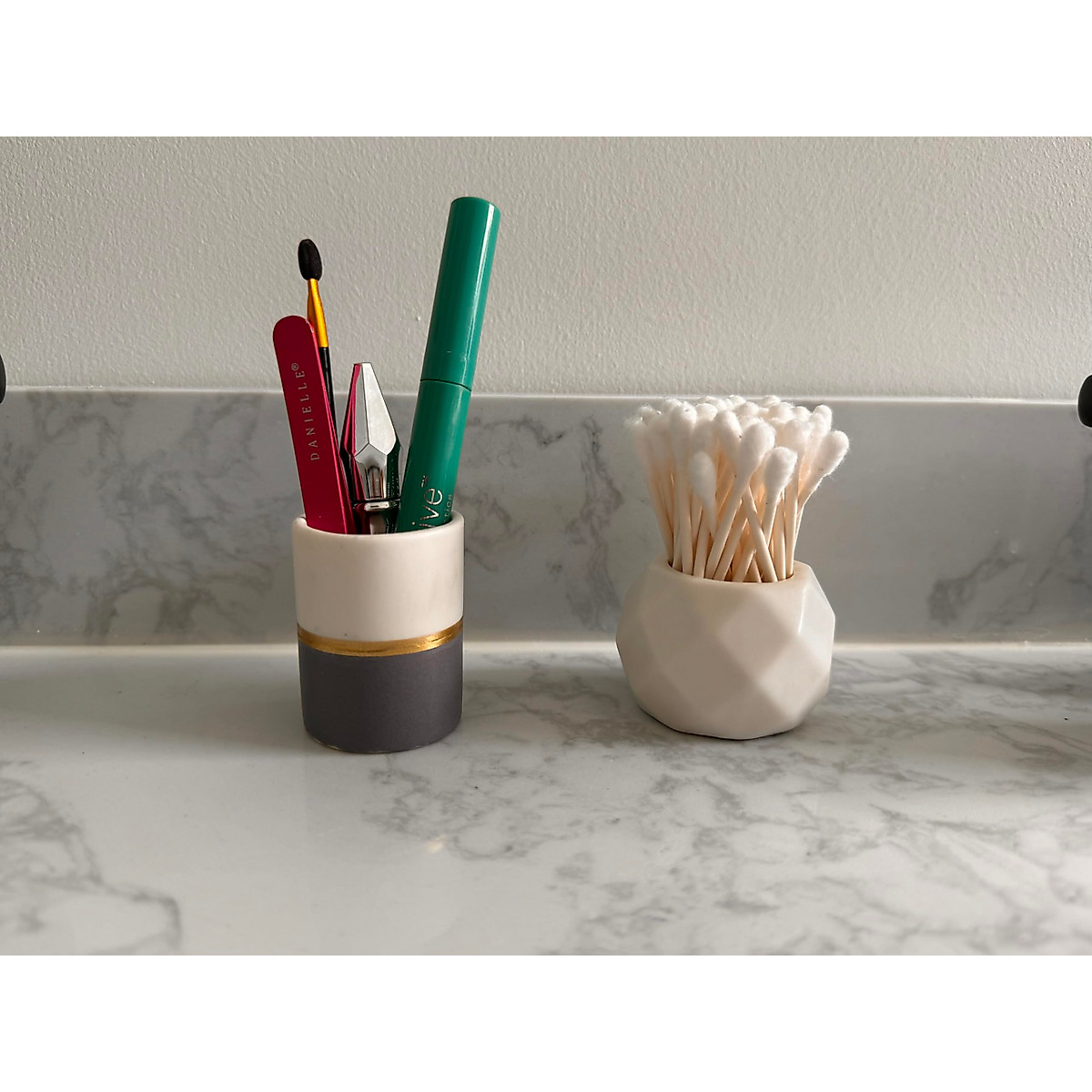 Home Haven Qtip Holder - White/Navy with Gold Stripe - Q Tip Holder for Bathroom, Bathroom Vanity Decor, Floss Pick Holder, Cotton Swab Holder, Bathroom Sink Decor, Flosser Holder, Cute Bathroom Decor