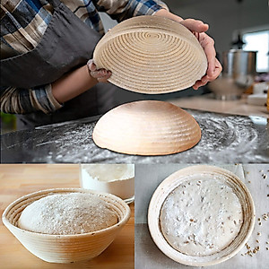 Round Bread Proofing Basket Set of 2, 8" and 9" Natural Rattan Banneton Round Sourdough Baking Bowls with Multi Baking Tools for Professional and Home Bakers