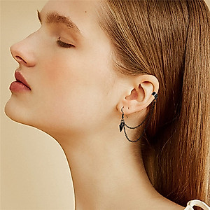 ANDPAI Unique Lightweight Black Silver Punk Long Tassel Chain Ear Cuff Earrings 316L Stainless Steel Vintage Barrel Nails Crawler Climer Dangle Drop Stud Earrings for Men Women Unisex (Black)