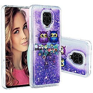 OOPKINS Glitter Liquid Case for Redmi Note 9 Pro Sparkle Floating Shiny Quicksand Clear Soft TPU Silicone Shockproof Protective Bumper Thin Cover for Redmi Note 9 Pro/9S Bling Couple Owl XY