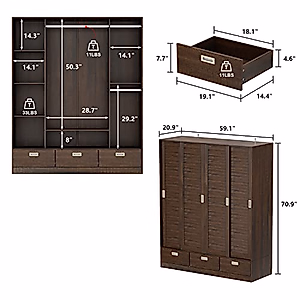 Homsee Large Wardrobe Armoire with 4 Sliding Doors, 3 Drawers, Hanging Rods & Storage Shelves, Wooden Closet Storage Cabinet with Silver Handles for Bedroom, Brown (59.1”W x 20.9”D x 70.9”H)