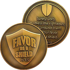 You are The Lord's Favored, Bulk Pack of 3 Religious Pocket Tokens of Prayer and Faith, Antique Gold-Color Plated Christian Challenge Coins, Inspirational Psalm 5:12 Church Handout Gifts