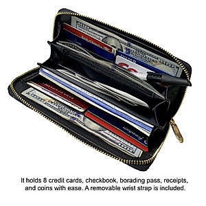 Kollie More Women Wristlet Wallet PU Leather Zipper Purse Long Clutch Travel Hand Pouch Credit Card Holder Organizer (Metallic Leopard-Black 01)