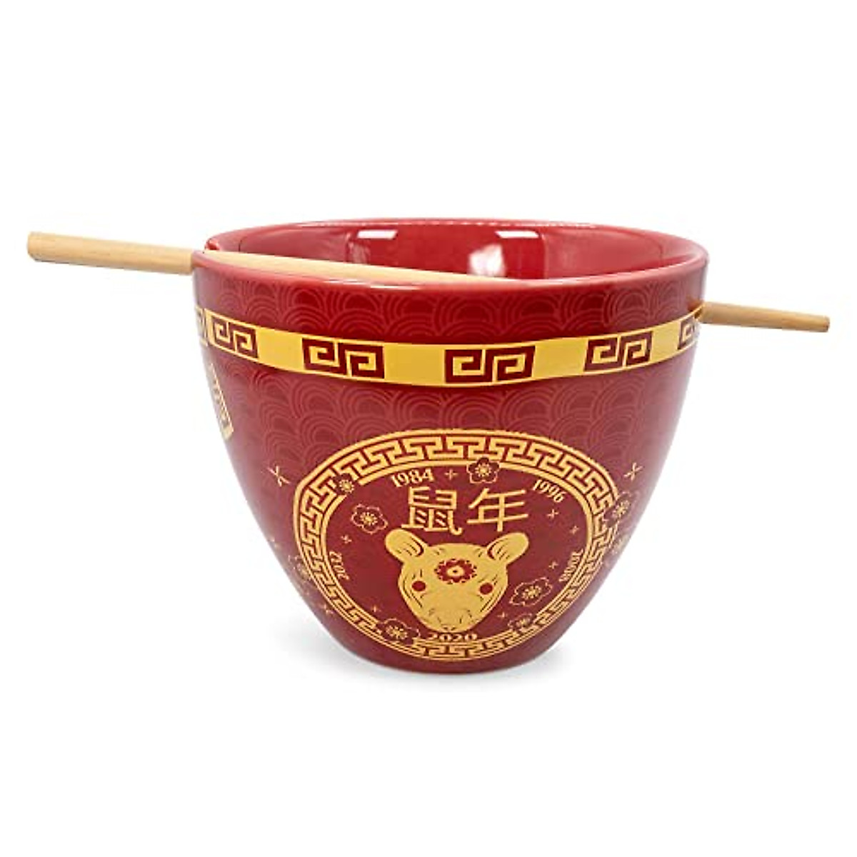 Boom Trendz Year Of The Rat Chinese Zodiac Ceramic Dinnerware Set | Includes 16-Ounce Ramen Noodle Bowl and Wooden Chopsticks Asian Food Dish For Home & Kitchen Kawaii Lunar New Gifts Red One Size