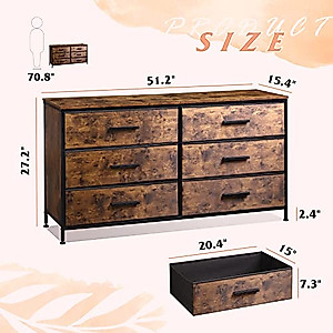 WLIVE Wide Dresser with 6 Drawers, TV Stand for 60" TV, Fabric Double Dresser, Large Storage Tower Unit, Chest of Drawers for Bedroom, Closet, Living Room, Hallway, Nursery, Rustic Brown