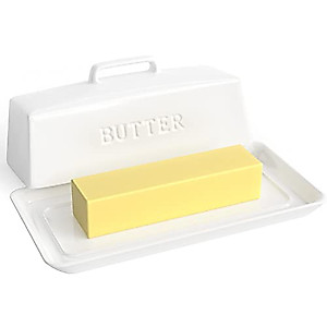 PriorityChef Ceramic Butter Dish with Lid for Countertop, Butter Keeper for Counter or Fridge, Covered Butter Tray Holder For Butter Storage, Holds 1 Stick, White