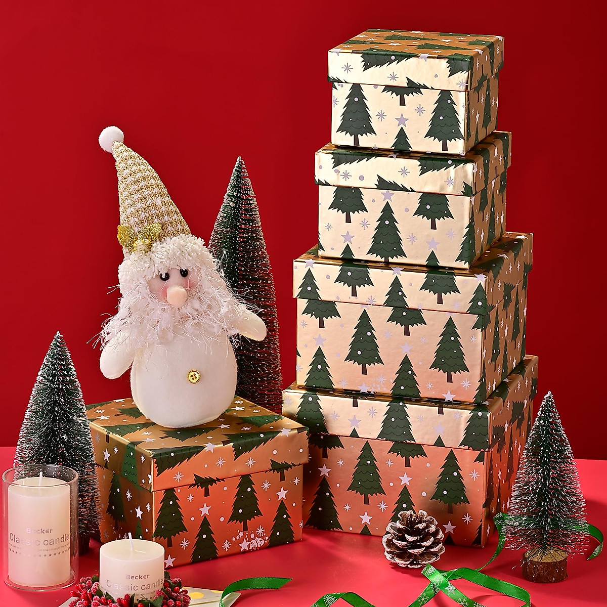 PAPER FAIR 5PCS Christmas Nesting Gift Boxes Set, Gold Foil Green Xmas Tree Flat Square Cardboard Nested Box with Lid, for Gift Wrapping Holiday Present Birthday, Assorted Size