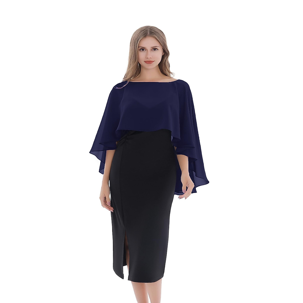 Baoqiya Women's Capelet Shawls and Wraps for Evening Dresses Soft Bridesmaid Shawl Chiffon Cape Wedding Cover Up(Navy)