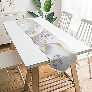 White Gold Flowing Marble Table Runner Spring Summer Table Runners Dresser Scarf for Home Party Holiday Kitchen Dining Table Decor 70x13 INCH